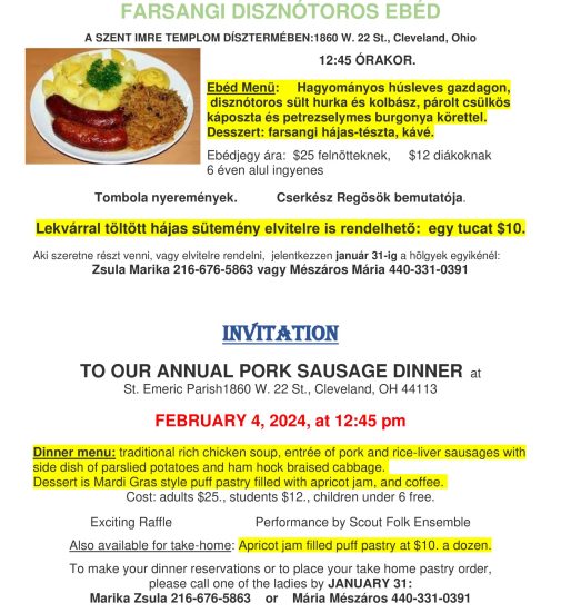 Pork Sausage Dinner/Disznótoros - United Hungarian Societies